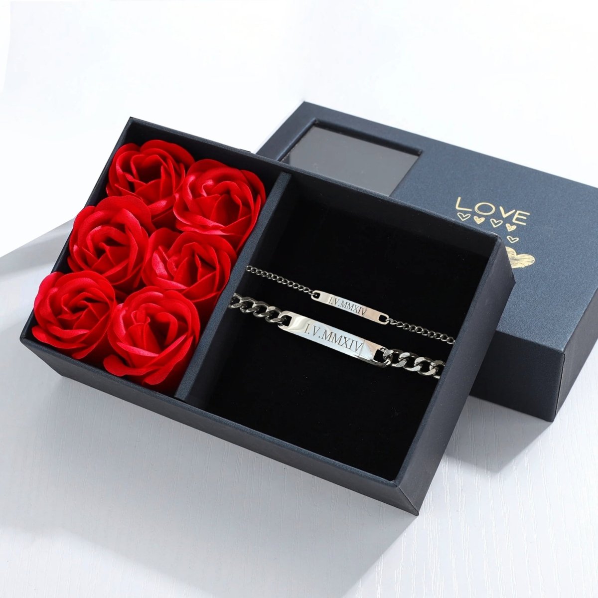 Rose Box + Engraved Couples Bracelets – CoupleGifts.com